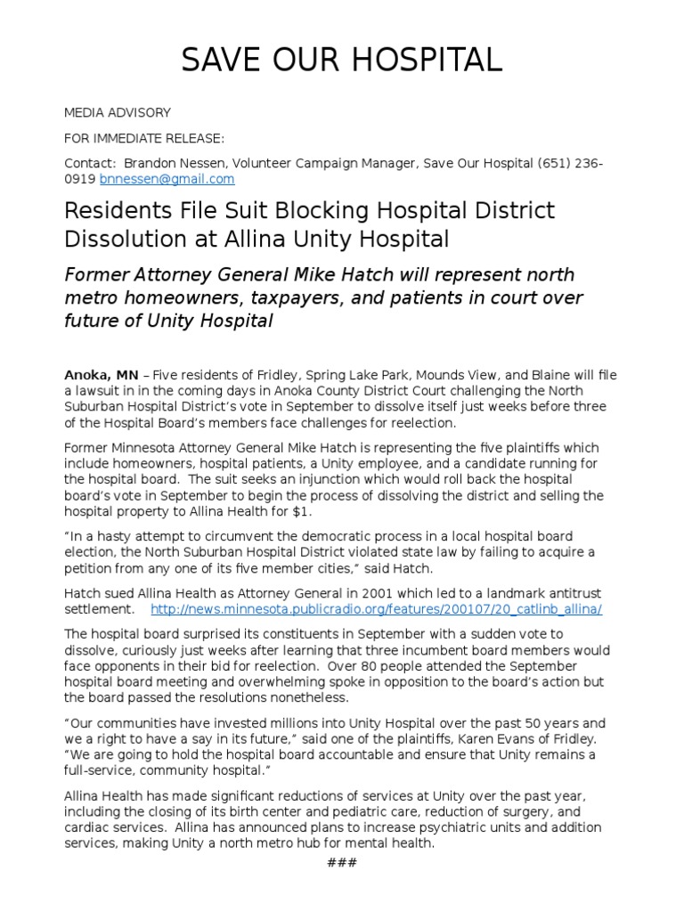 Residents File Suit Blocking Hospital District Dissolution at Allina ...