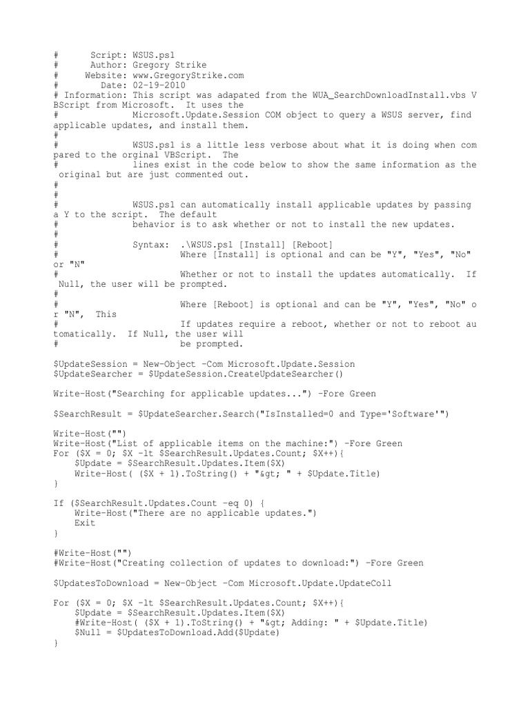 WSUS PowerShell Update Installer Script | PDF | Microsoft Windows ...