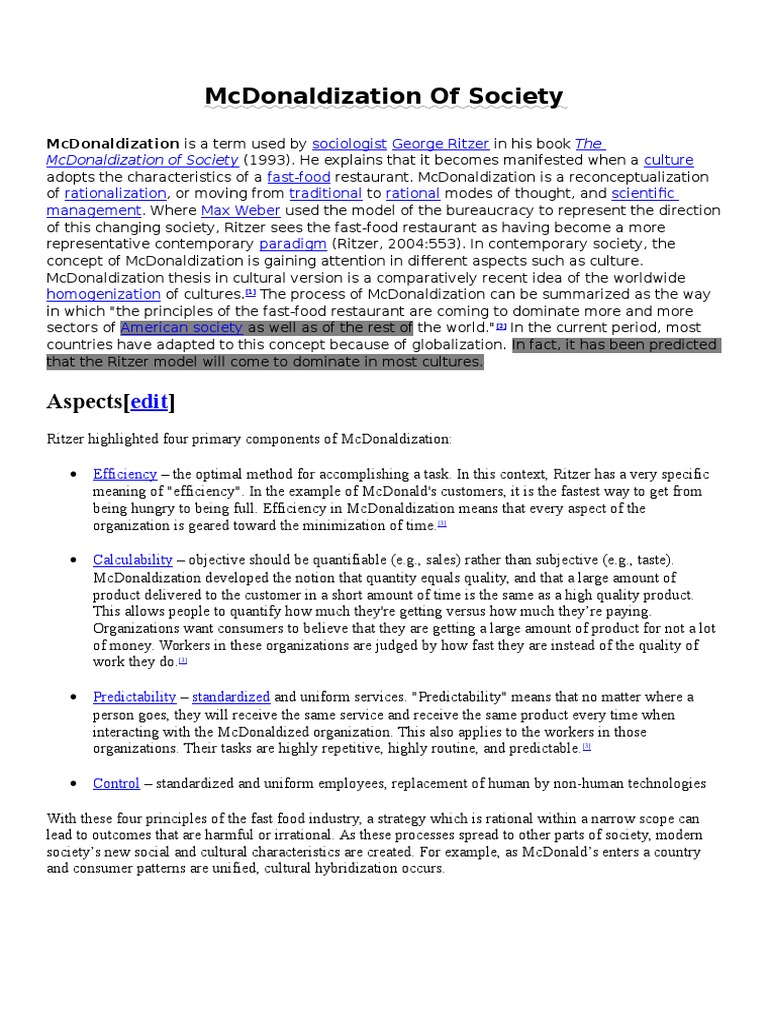 McDonaldization of Society | PDF | Behavioural Sciences | Cognition