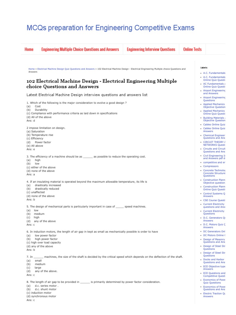 22 - 102 Electrical Machine Design - Electrical Engineering Multiple Choice Questions and ...