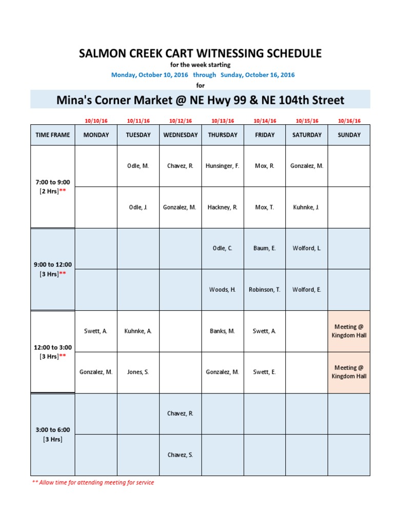 Cart Witnessing Schedule For CM For Week of 10-10-16 | PDF | Sports ...