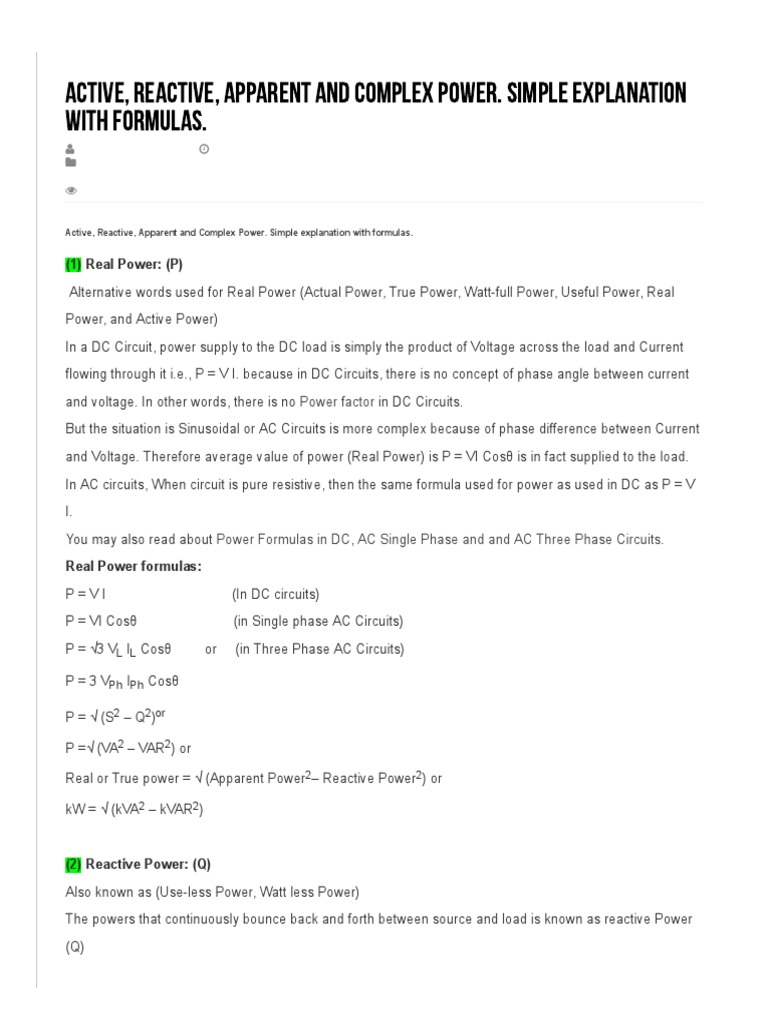Active, Reactive, Apparent and Complex Power. Simple Explanation With ...
