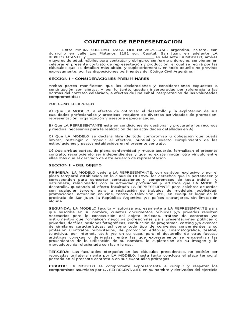 Contrato de Representacion de Modelos | Pagos | Negocios (general ...