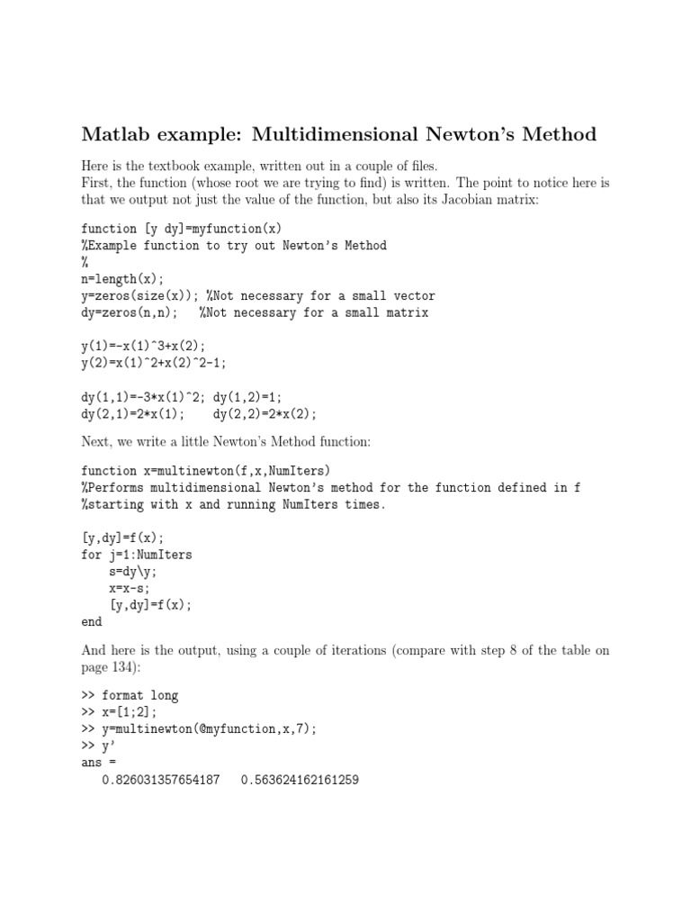 Matlab Example Multidimensional Newtons Method Pdf Function Mathematics Computational