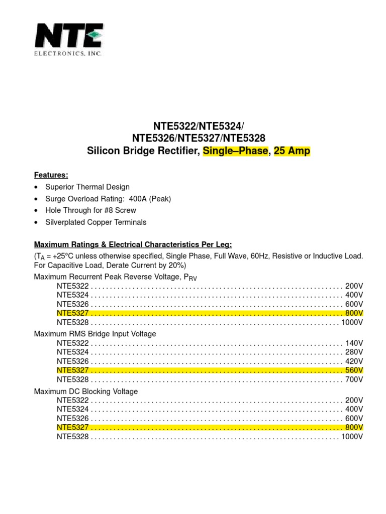 NTE5322/NTE5324/ NTE5326/NTE5327/NTE5328 Silicon Bridge Rectifier ...