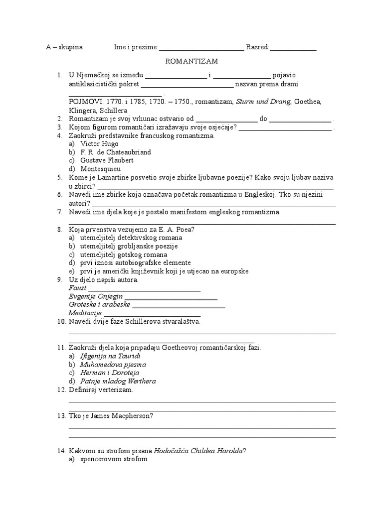 Pismeni Romantizam ŠK | PDF