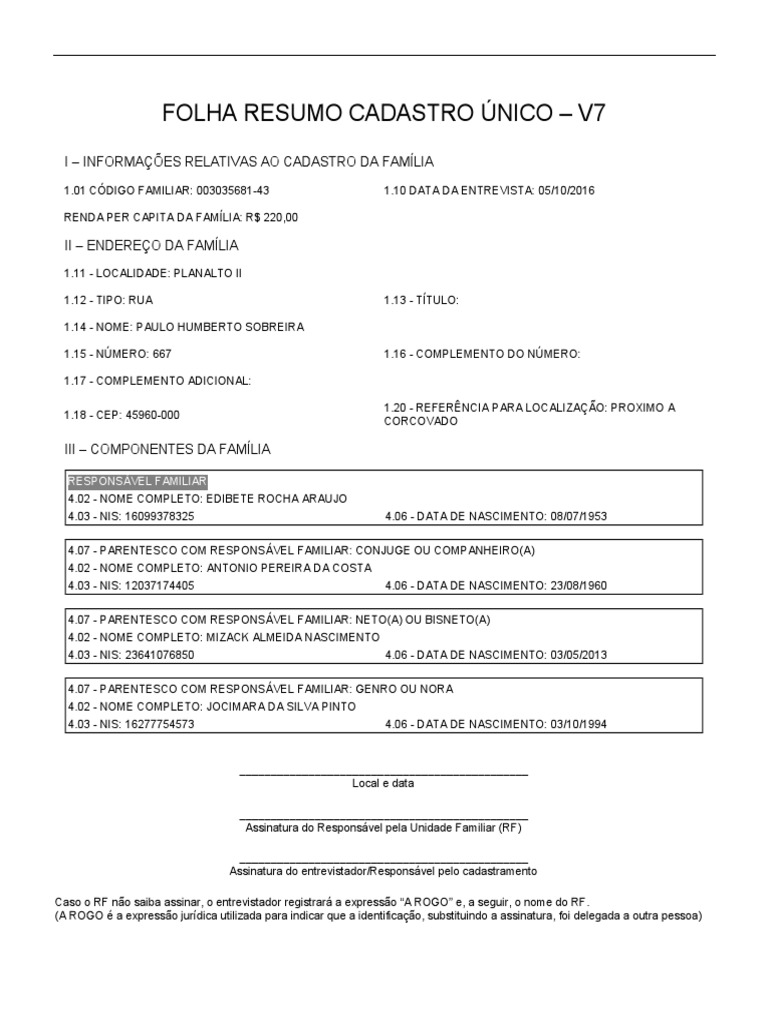 Folha Resumo Cadastro Único – V7: I – Informações Relativas Ao Cadastro ...