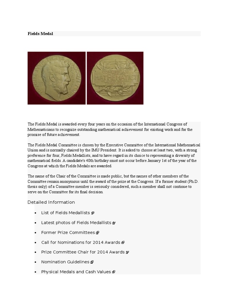 Fields Medal: Detailed Information | PDF