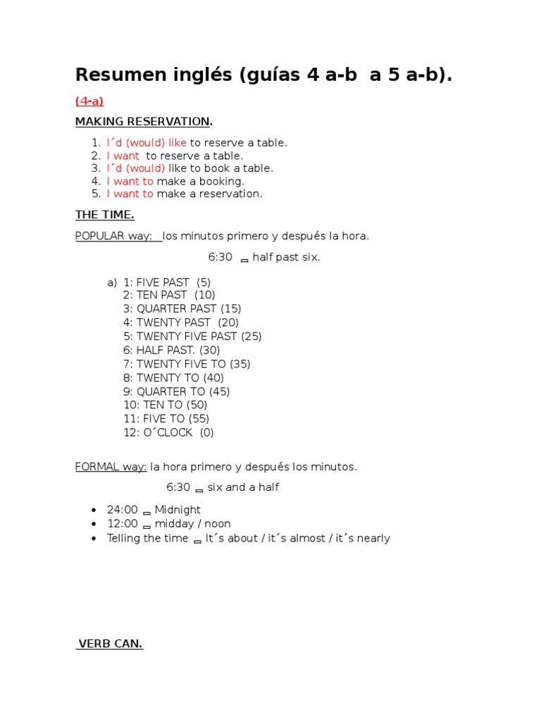 Resumen Inglés (Guías 4 A-B A 5 A-B) .: Making Reservation | PDF | Foods