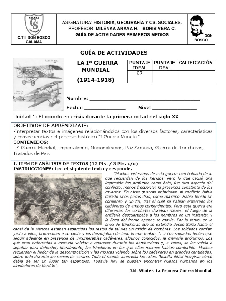 Hojas De Trabajo Sobre La Primera Guerra Mundial