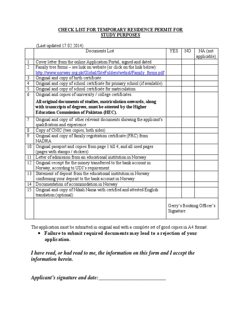 Checklist For Study Permit (17 02 2014) | PDF