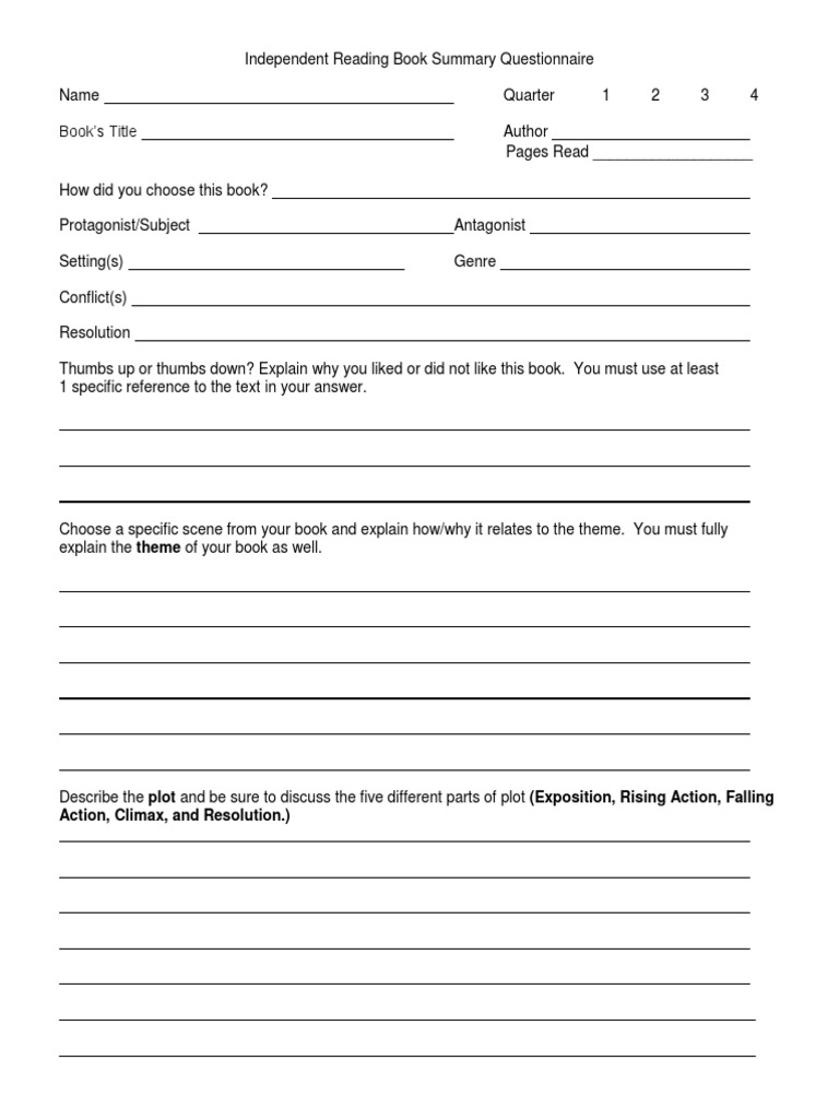 Independent Reading Summary Questionnaire | PDF