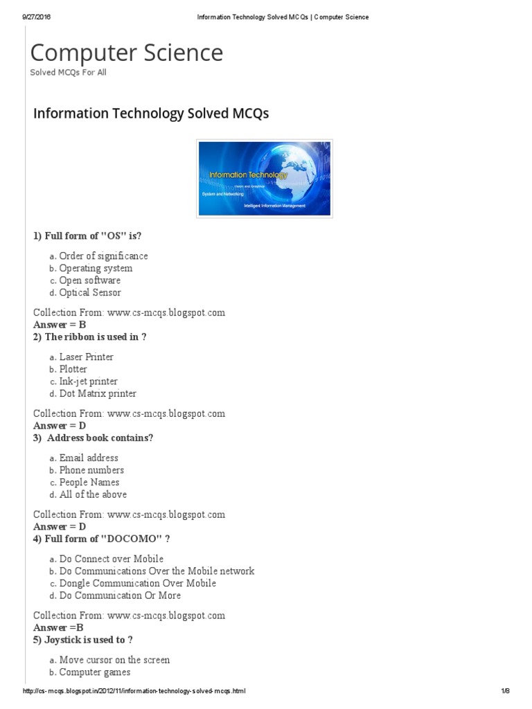 Information Technology Solved MCQs - Computer Science | Download Free PDF | World Wide Web ...