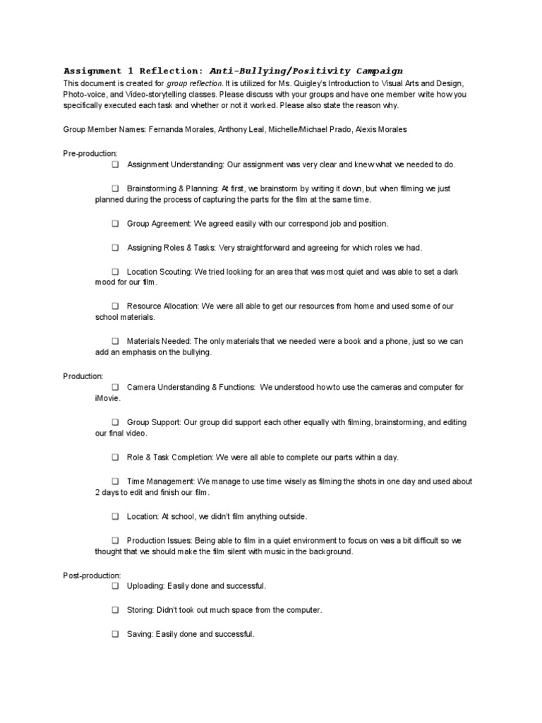 Assignment 1 Reflection: Anti-Bullying/Positivity Campaign | PDF