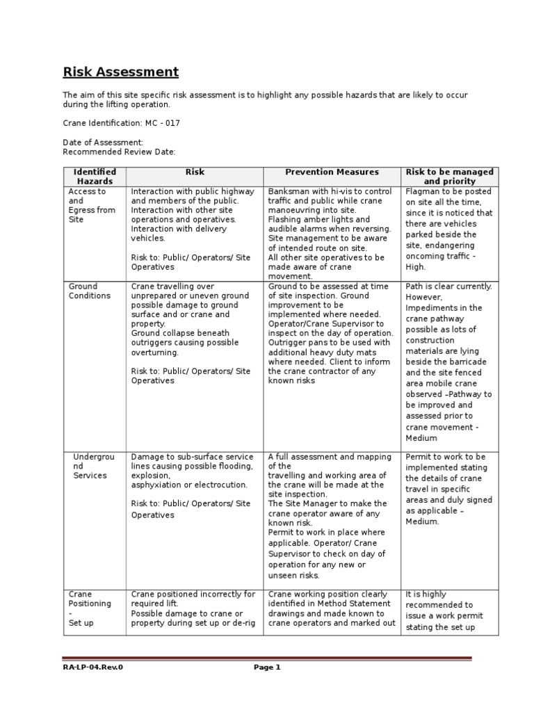 Risk Assessment - RA - MC-17 - For TRG Ref - AK | PDF | Crane (Machine ...