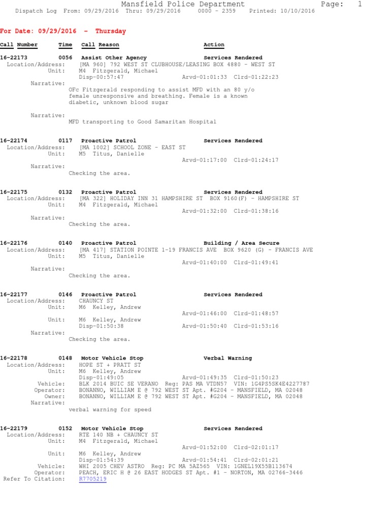 Mansfield Police Dispatch Log 09/29/16 | PDF | Vehicles | Road Transport