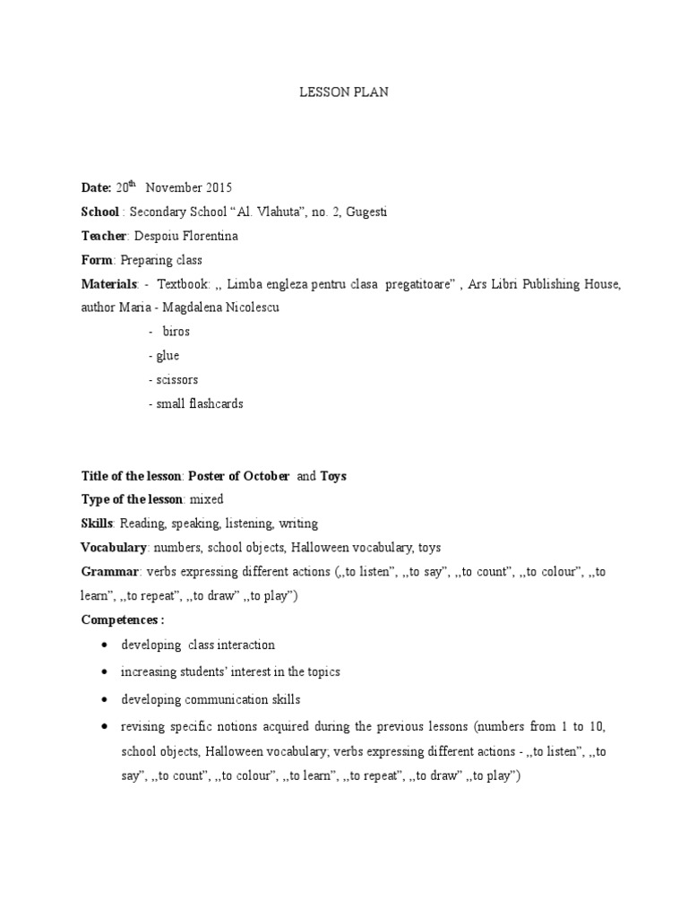 LESSON PLAN Clasa Pregatitoare ARACIP | PDF | Textbook | Lesson Plan