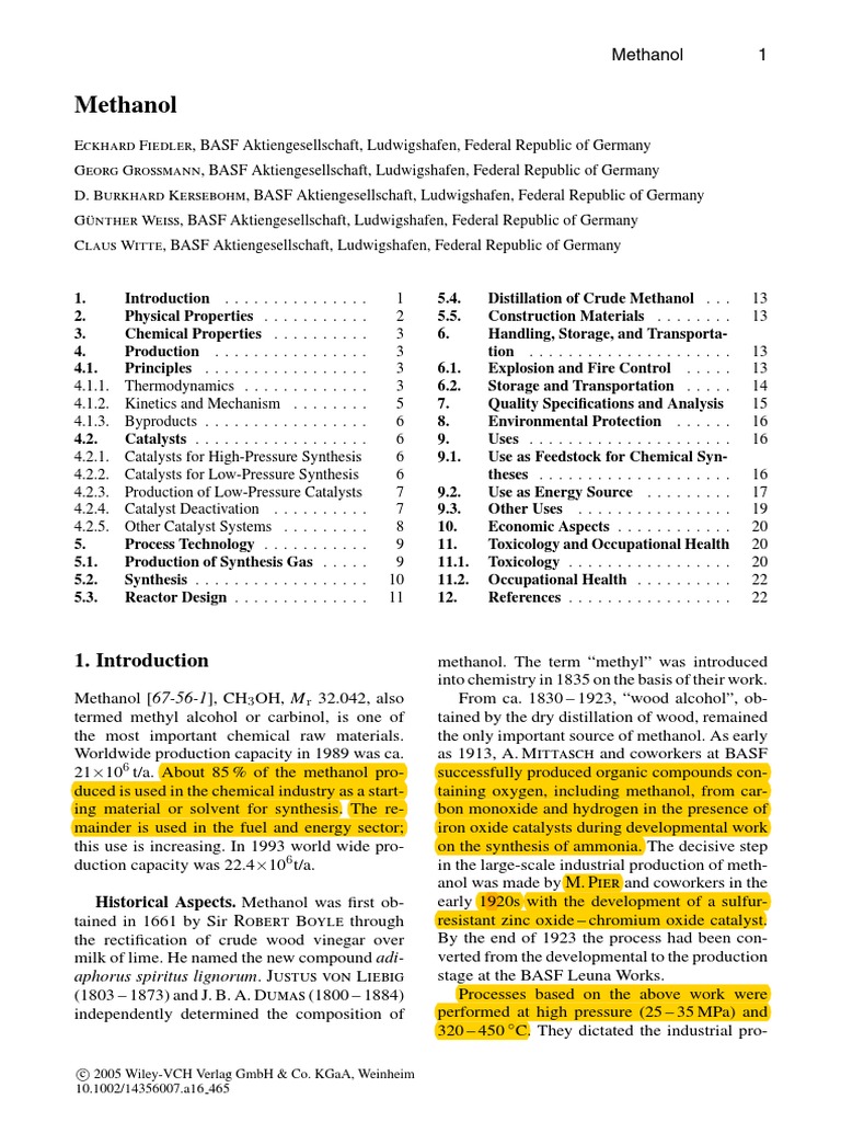 Ullmann S Encyclopedia of Industrial Chemistry - Methanol | PDF ...