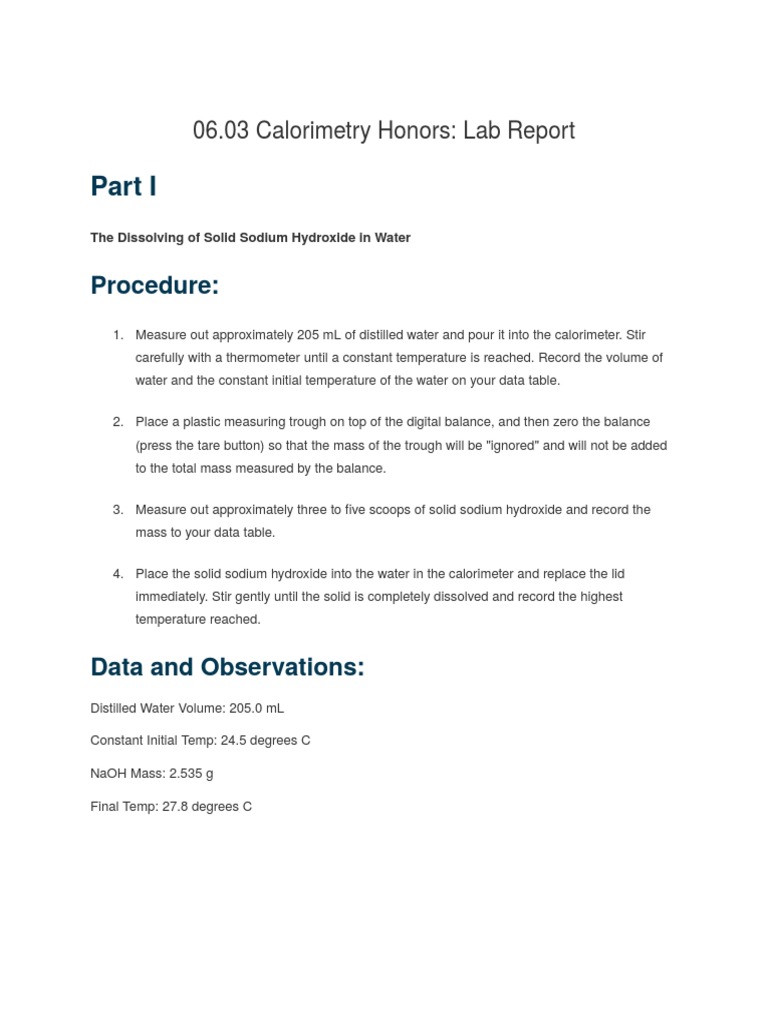 06.03 Calorimetry Honors - Lab Report | PDF | Sodium Hydroxide ...