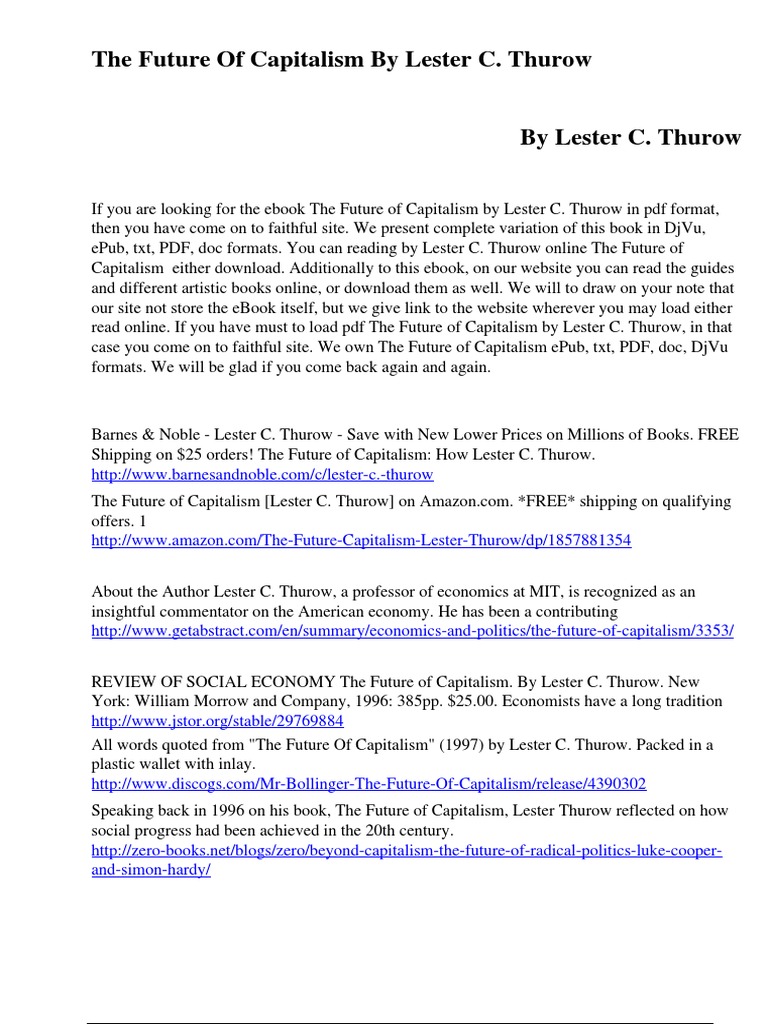 The Future of Capitalism by Lester C. Thurow | PDF | Capitalism ...