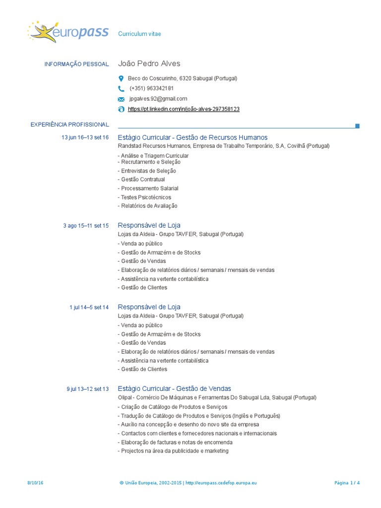CV Europass 20161008 Alves PT | PDF | Portugal | Gestão de recursos humanos
