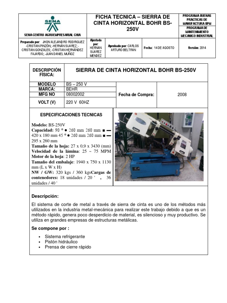 Ficha Tecnica Sierra en Cinta Horizontal | PDF | Science | Tecnología ...