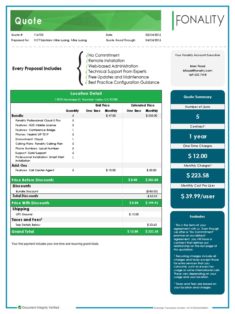 Fonality Quote #116722 Summary | PDF | Fee | Taxes