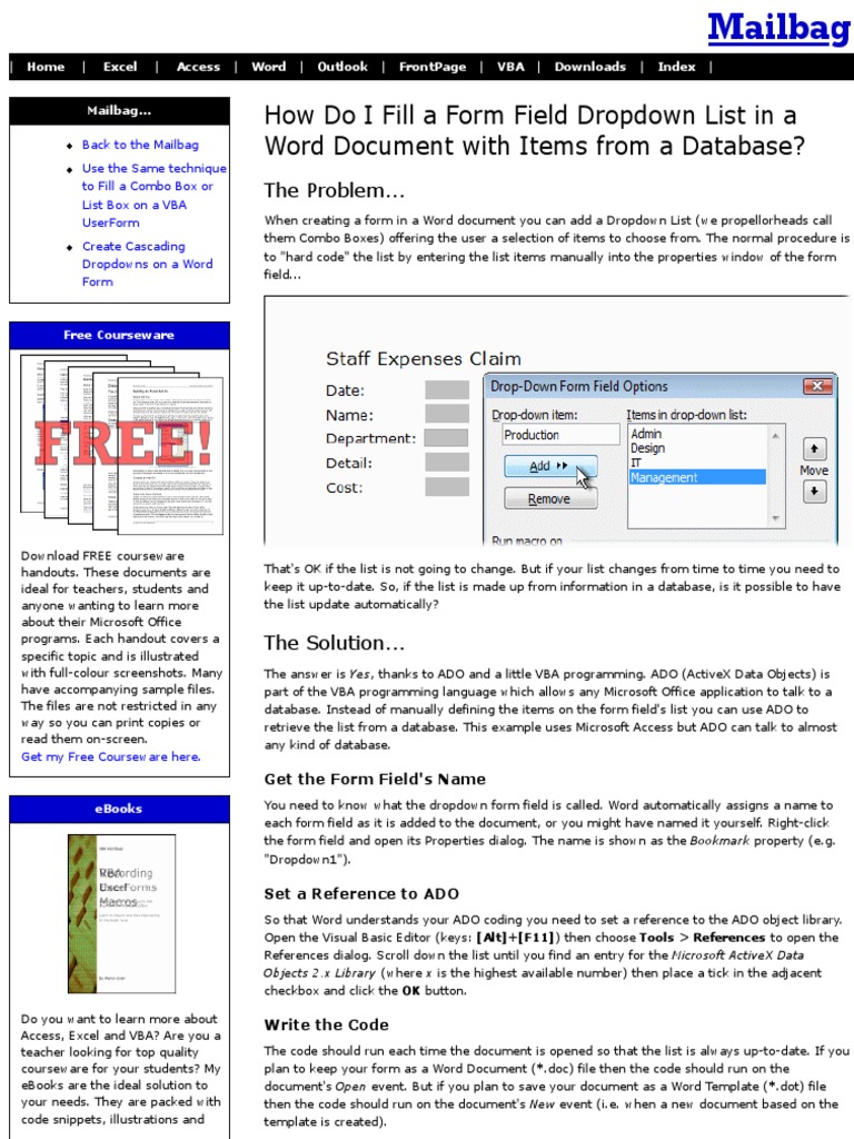 Word Project - Fill A Form Field Dropdown List From A Database | PDF ...
