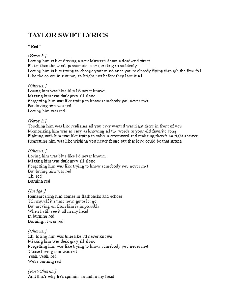 Taylor Swift Lyrics | PDF | Song Structure | Leisure