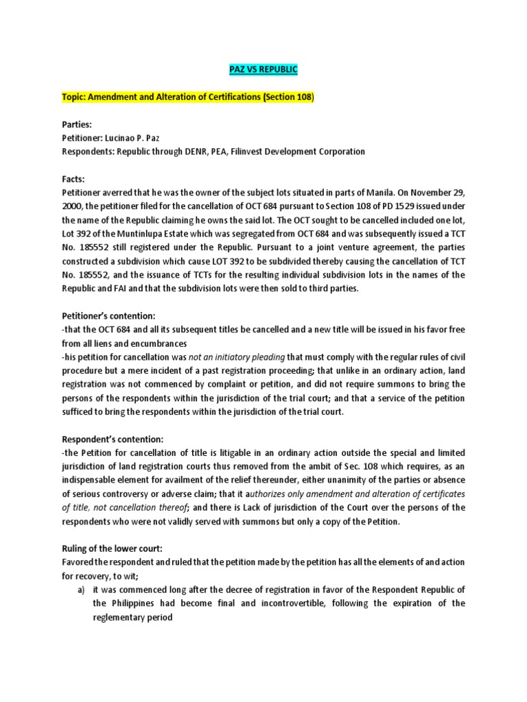 Paz Vs Republic (Case Digest) | PDF | Pleading | Virtue