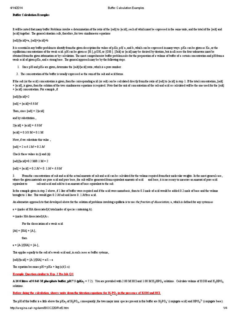 Buffer Calculation Examples Pdf Buffer Solution Ph
