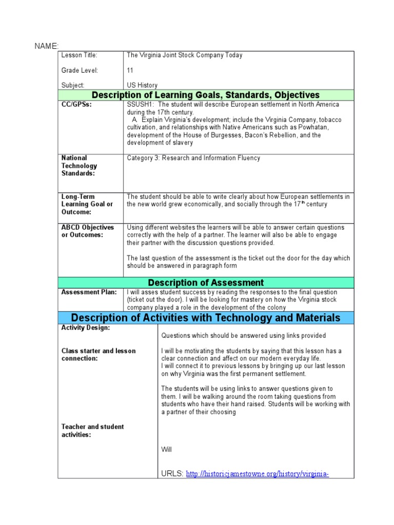 Virginia Joint Stock Company Lesson Plan | PDF | Lesson Plan ...