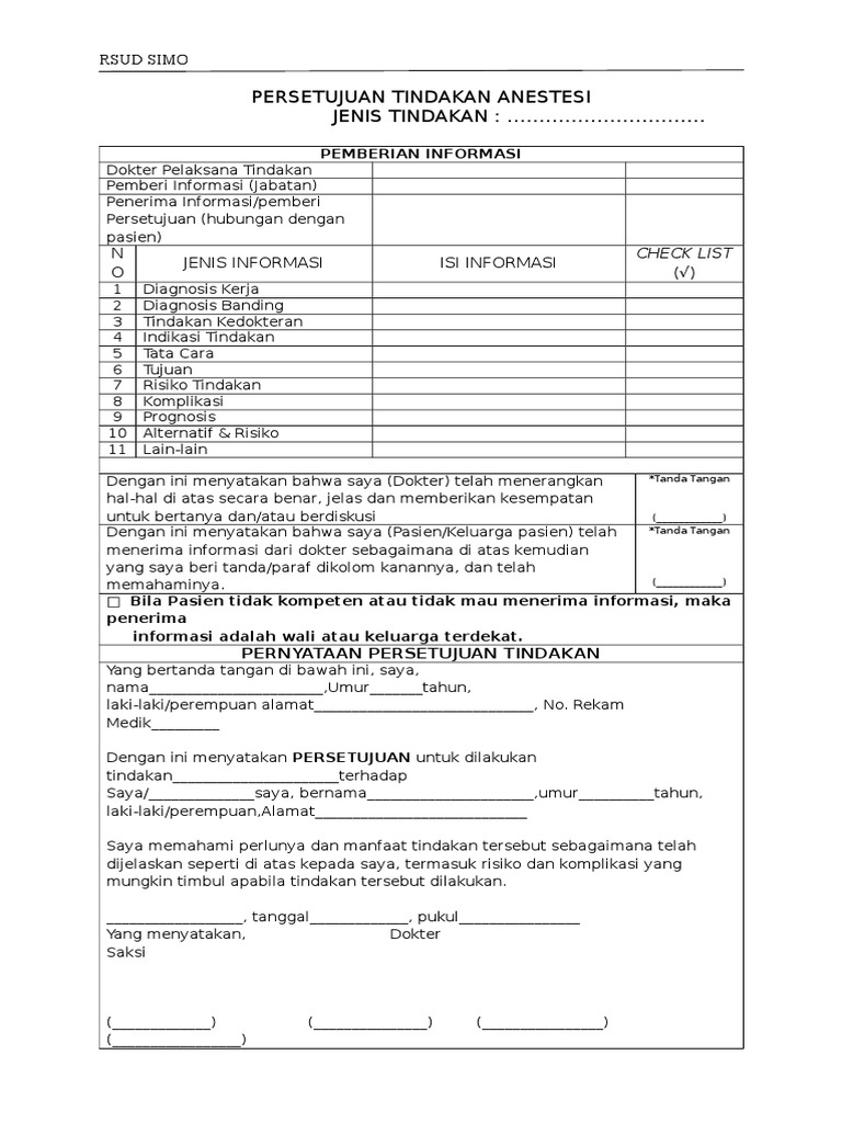 12 DRM - Form Persetujuan Tindakan Anestesi Rsud Simo | PDF