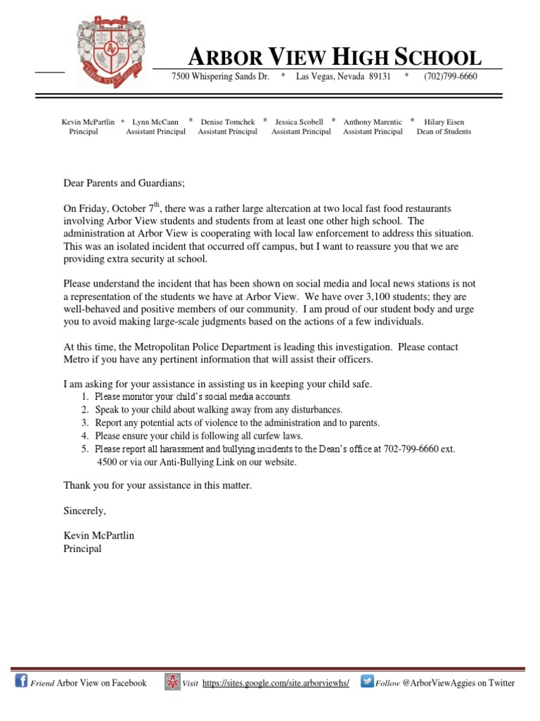 Arbor View Parent Letter | PDF