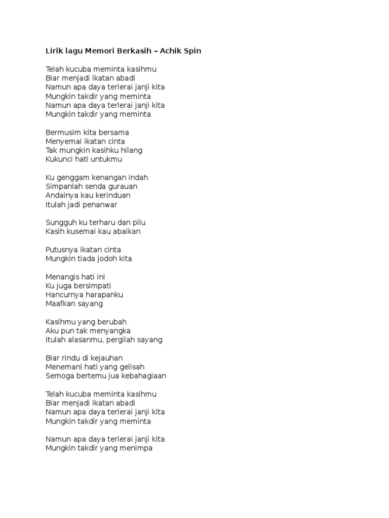 Lirik Lagu Memori Berkasih | PDF