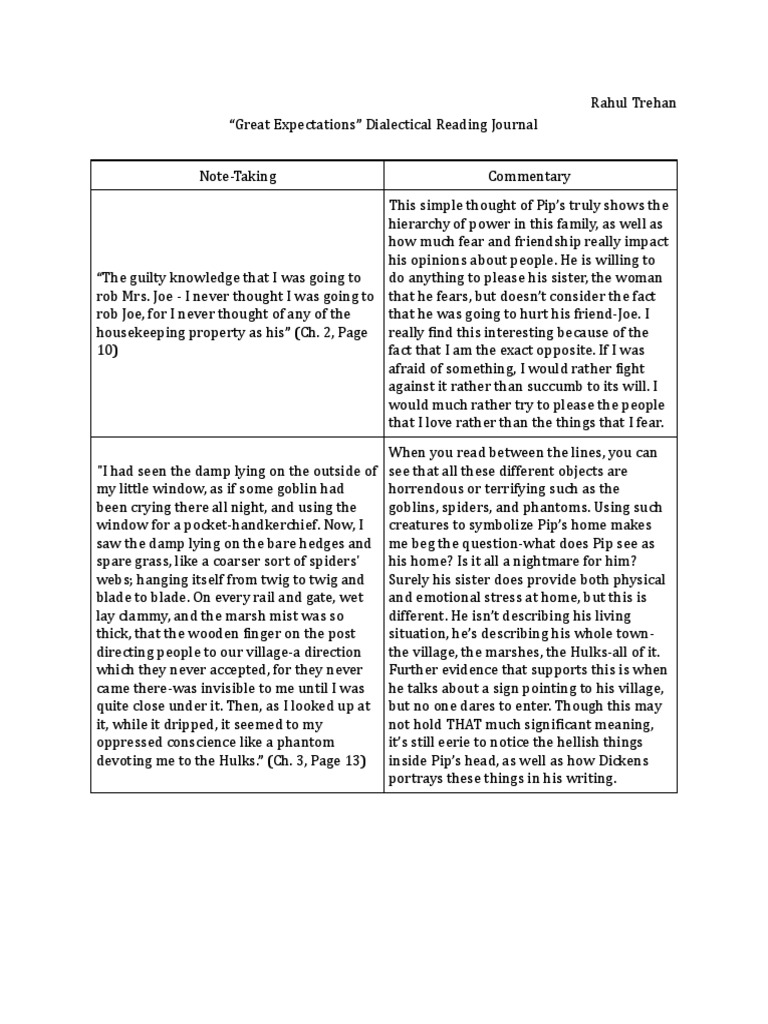 "Great Expectations" Soph. Honors Summer Work Dialectical Reading ...