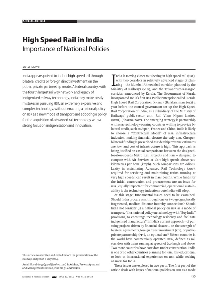 High Speed Rail Policy in India | PDF | High Speed Rail | Rail Transport