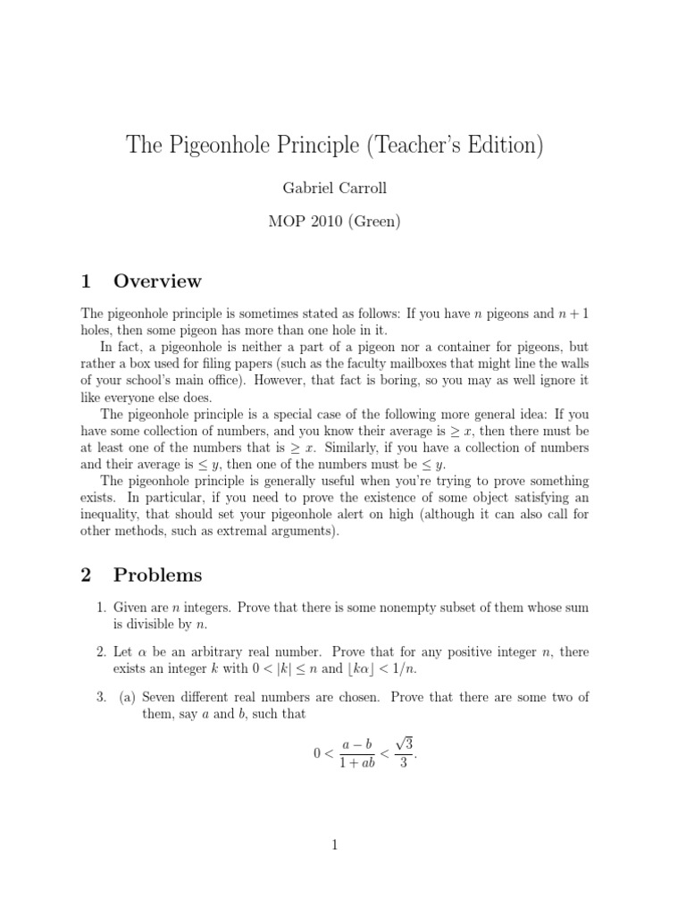 Pigeonhole Principle Teach - Gabriel Carroll - MOP (Green) 2010 | PDF | Discrete Mathematics ...
