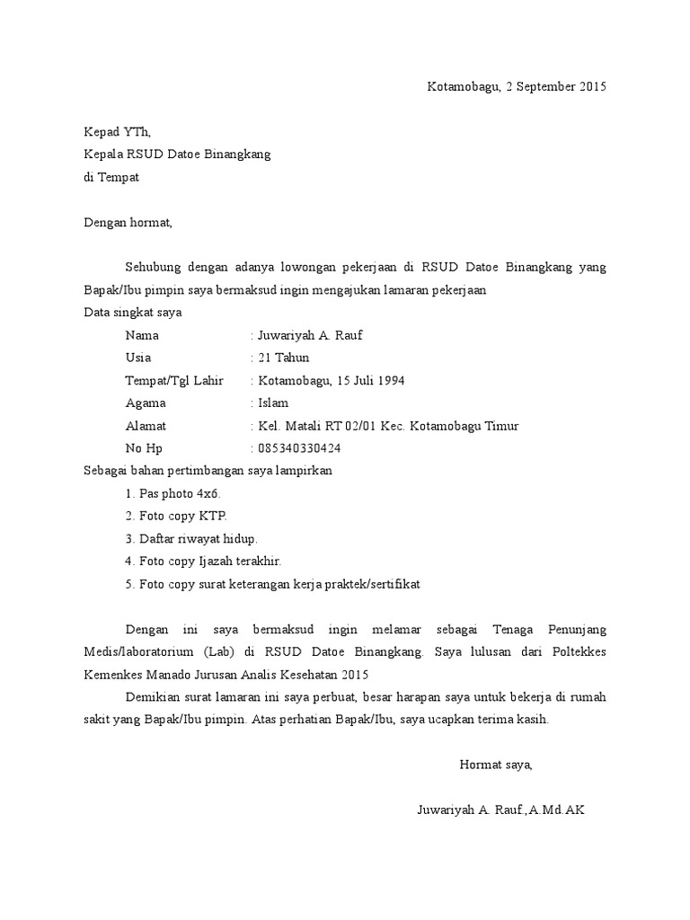 Surat Lamaran Kerja Ria | PDF