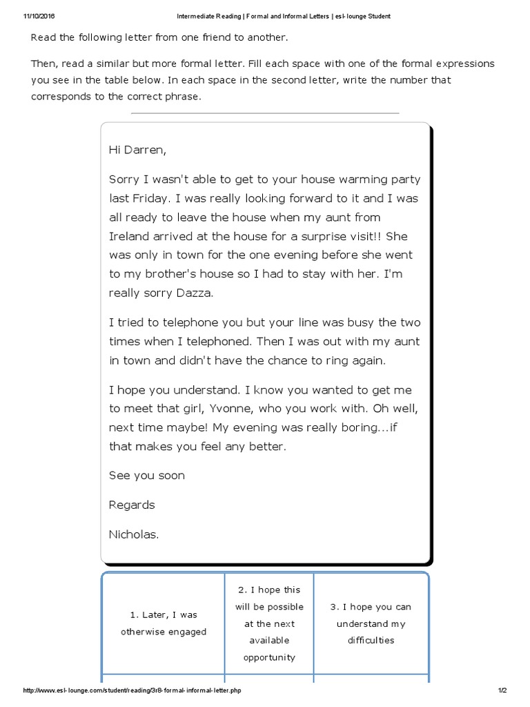 Intermediate Reading - Formal and Informal Letters - Esl-Lounge Student ...