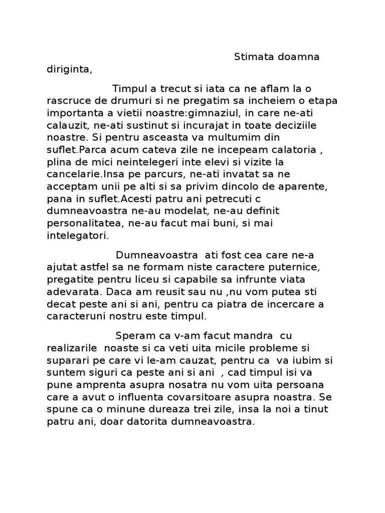 Discurs pentru diriginta clasa a 8-a
