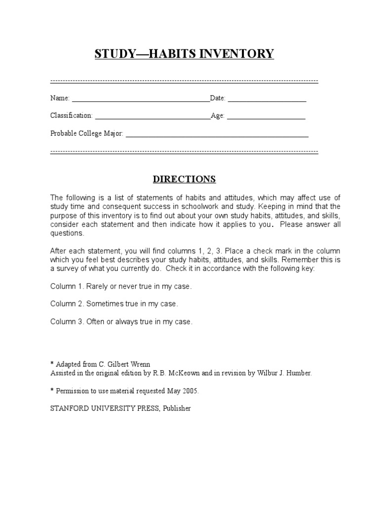 Study Habits Inventory Questionnaire | PDF | Test (Assessment ...