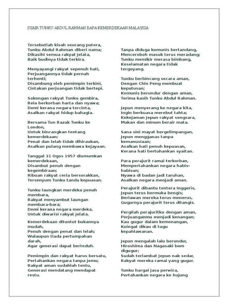 Syair Tunku Abdul Rahman Bapa Kemerdekaan Malaysia | PDF