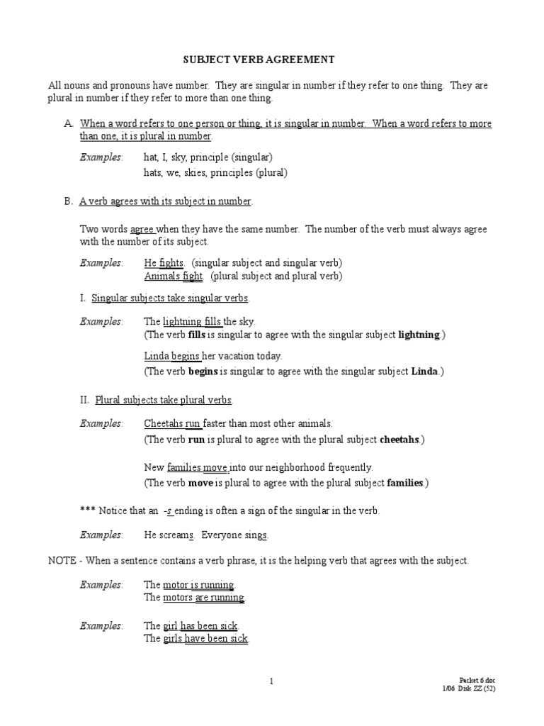 Subject Verb Agreement Exercises | PDF | Grammatical Number | Subject ...