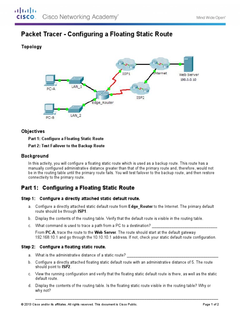 6 4 3 4 Packet Tracer Configuring A Floating Static Route