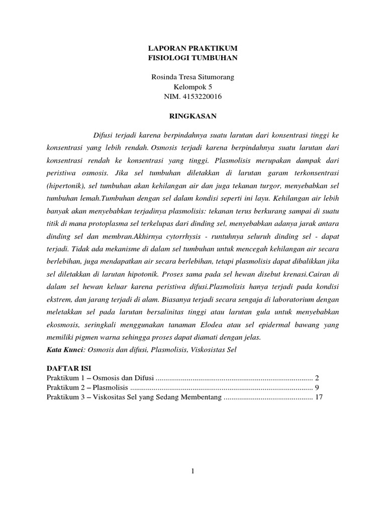 Format Laporan Praktikum 1 - Fisiologi Tumbuhan (Osmosis, Difusi, Plasmolisis, Viskositas Sel) | PDF