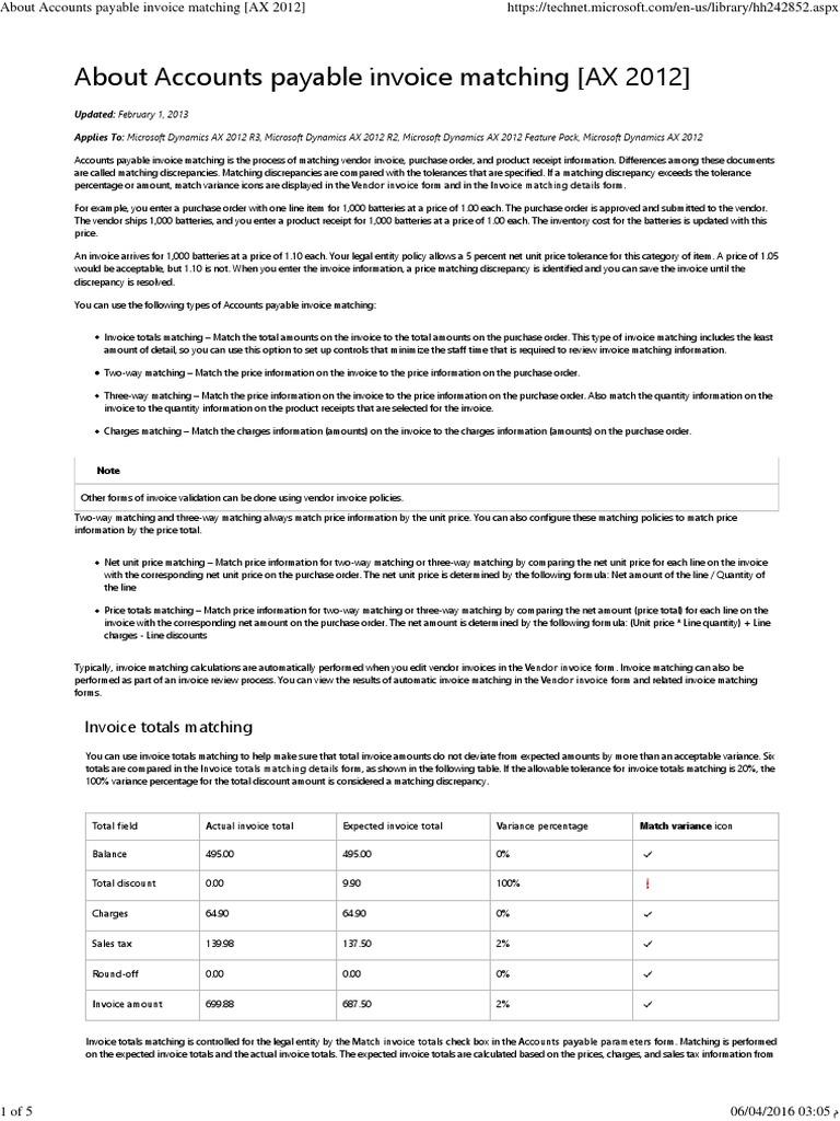 About Accounts Payable Invoice Matching (AX 2012) | PDF | Accounts Payable | Invoice