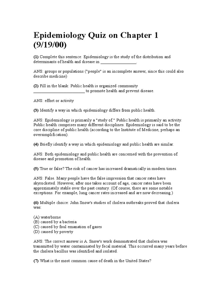 Epidemiology Quiz On Chapter 1 | PDF | Public Health | Cholera