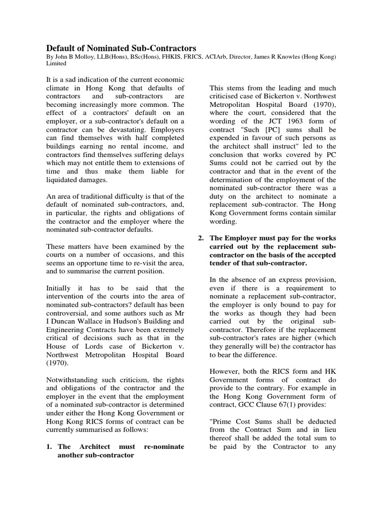 Default of Nominated Sub-Contractors PDF | PDF | Subcontractor ...
