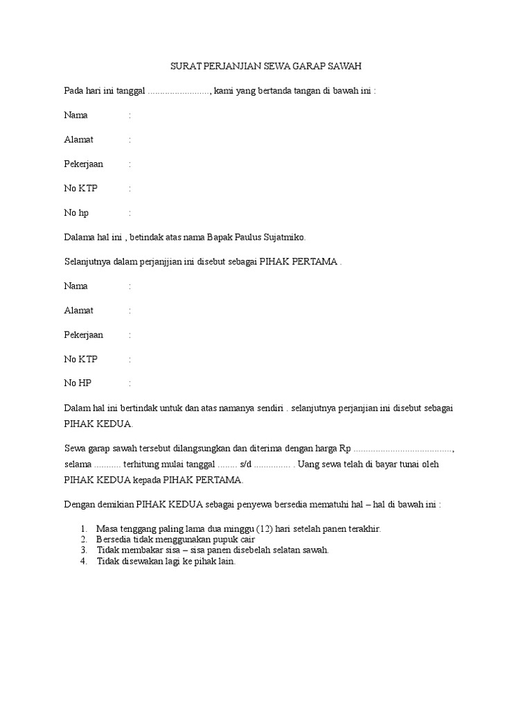 Surat Perjanjian Sewa Garap Sawah | PDF